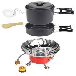 Camping Portable Cookware Set & Windproof Stove Cooker With Adaptor ...