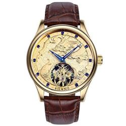 Deals on AILANG Men's Gold Watch Emboss 3D Chinese Dragon Brown Leather ...
